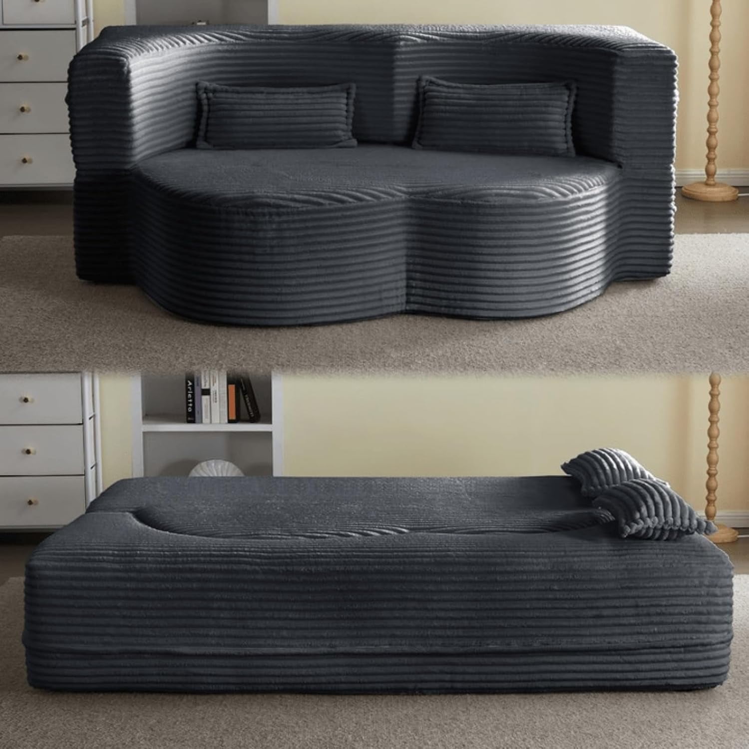 ODUWA 78" Convertible Sofa Bed with Memory Foam, Teddy Fleece Folding ...