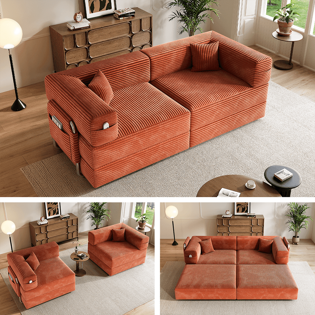 78" Orange Corduroy Sectional Sofa Bed – Foldable, Compressed ...