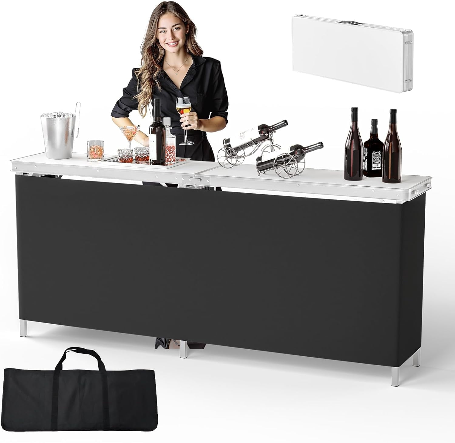 78" Portable Bar Table, 2-Tier Shelves, Mobile Bar Table for Events ...