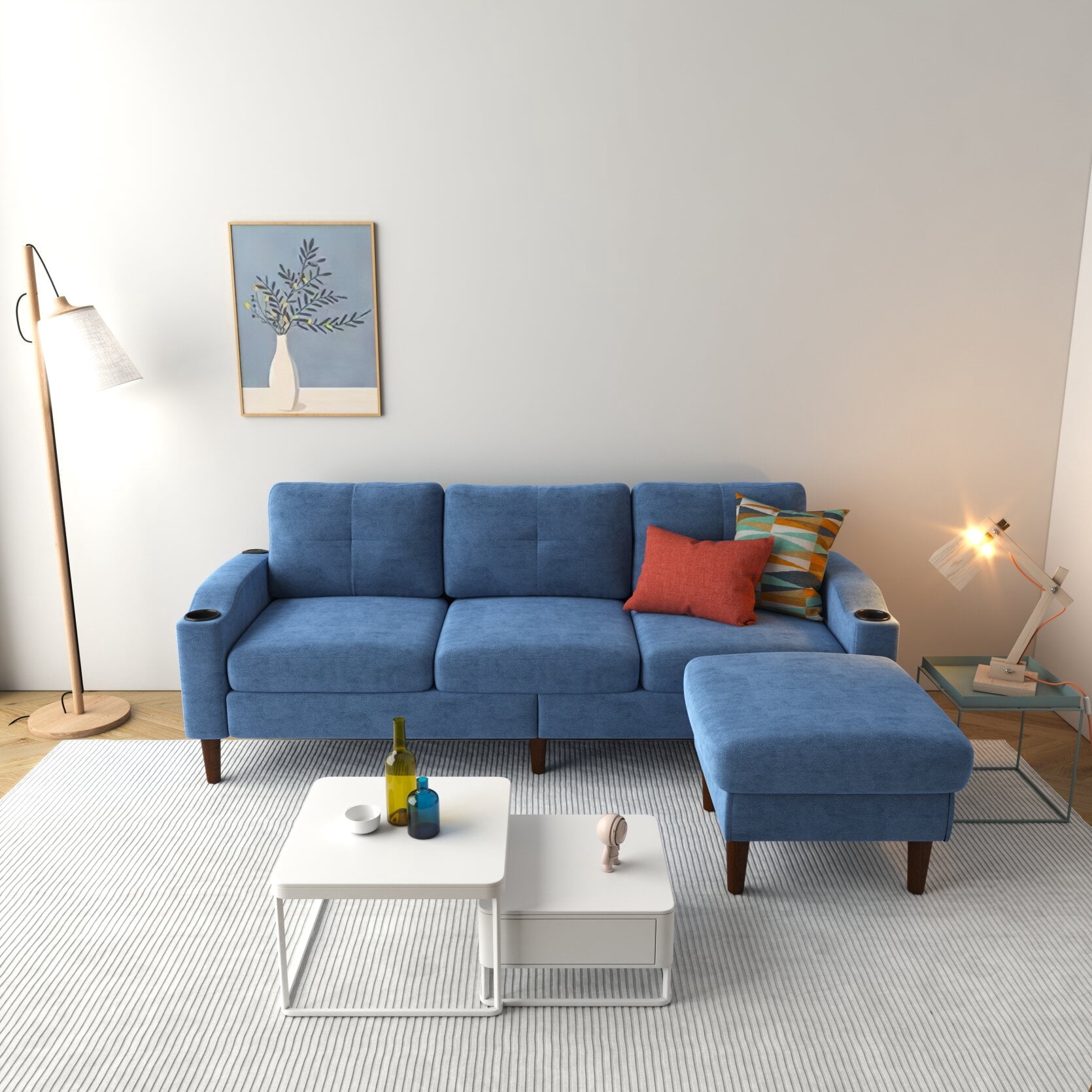 78" Small Cloud Sectional Sofa with USB Ports, Storage Ottoman and Cup ...