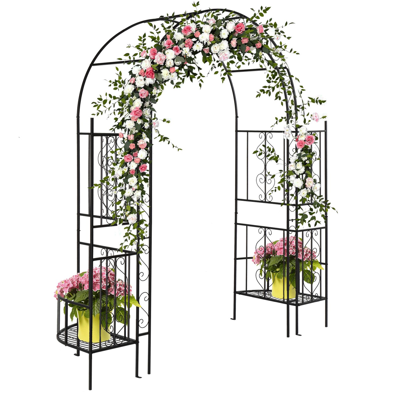 78" Tall Black Garden Trellis Arch - Double Layer Arc Roof Metal Arbor ...