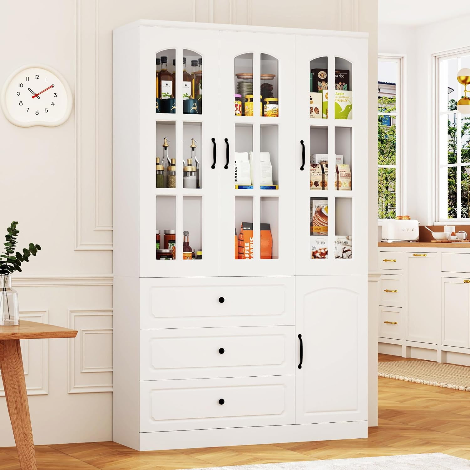 78" Tall Kitchen Pantry Storage Cabinet with Glass Doors and Drawers ...