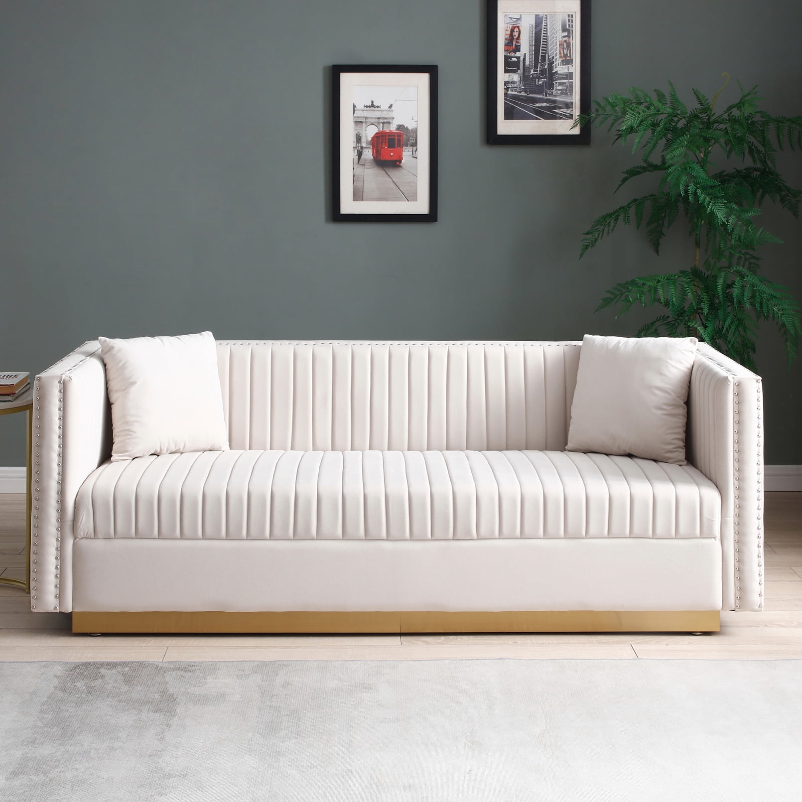 78" Velvet Sofa, Modern Vertical Channel Tufted Accent Sofa with ...