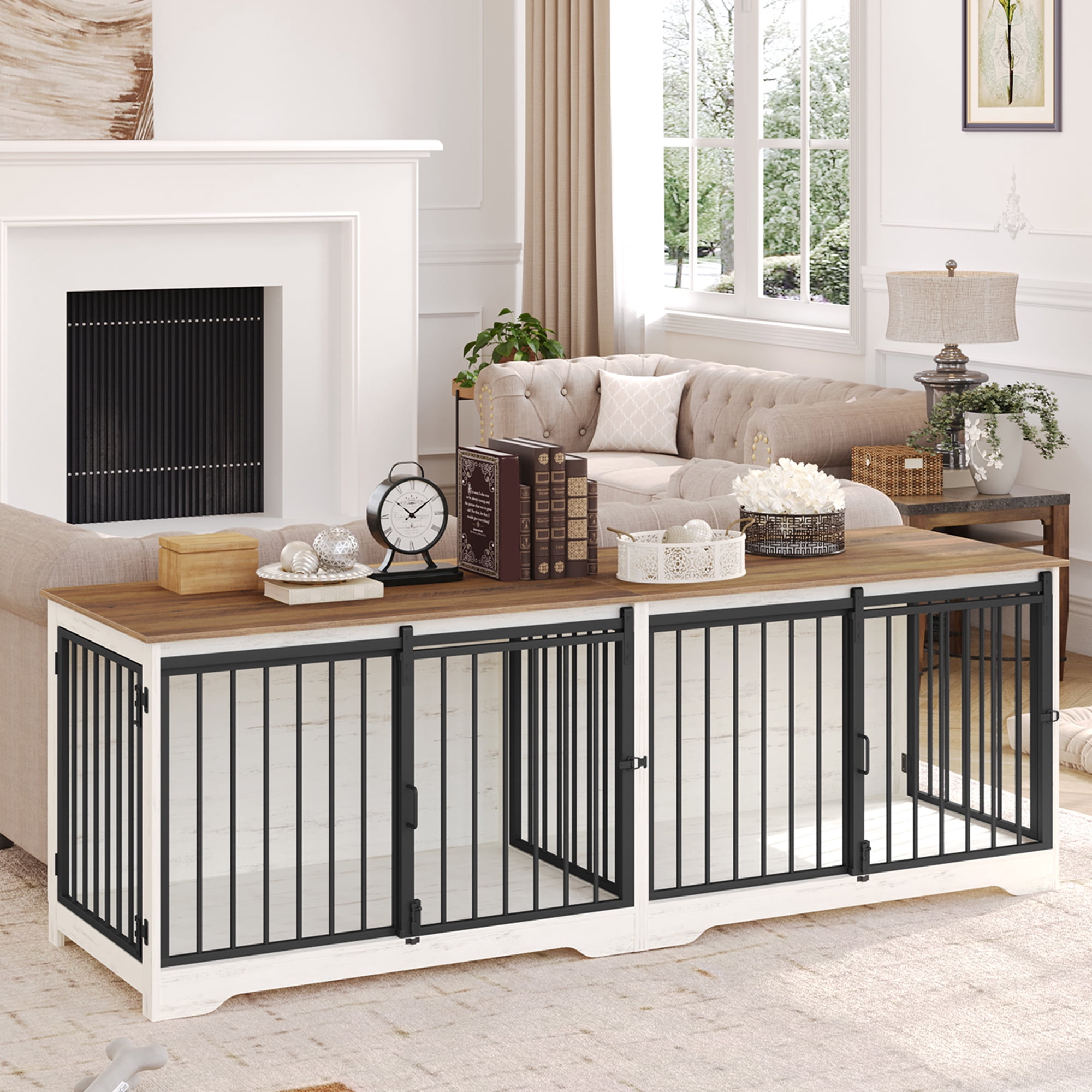 78" Wooden Double Dog Crate Furniture with Divider & Barn Door, White ...