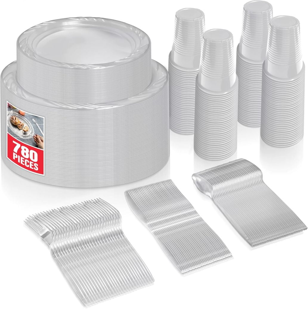 780 Piece Clear Plastic Dinnerware Set, Service for 120 Guests, Heavy ...
