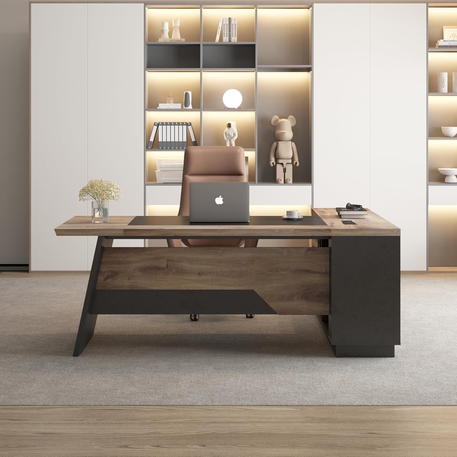 78inch Left Return L-Shaped Executive Desk with Cabinet Built-In Outlet ...