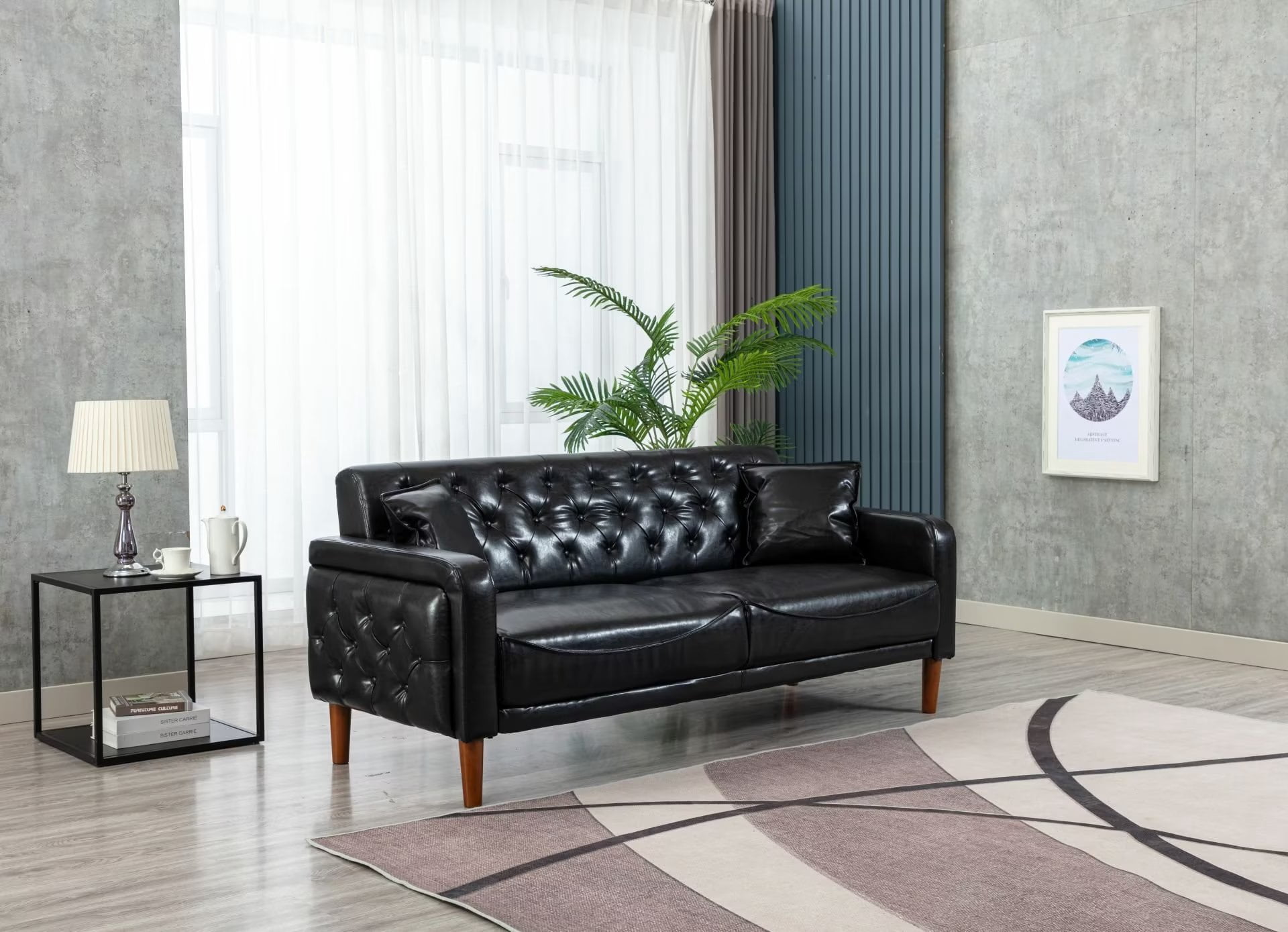 78inch PU Leather Sofa, Mid-Century Modern Button Tufted Couch with 2 ...