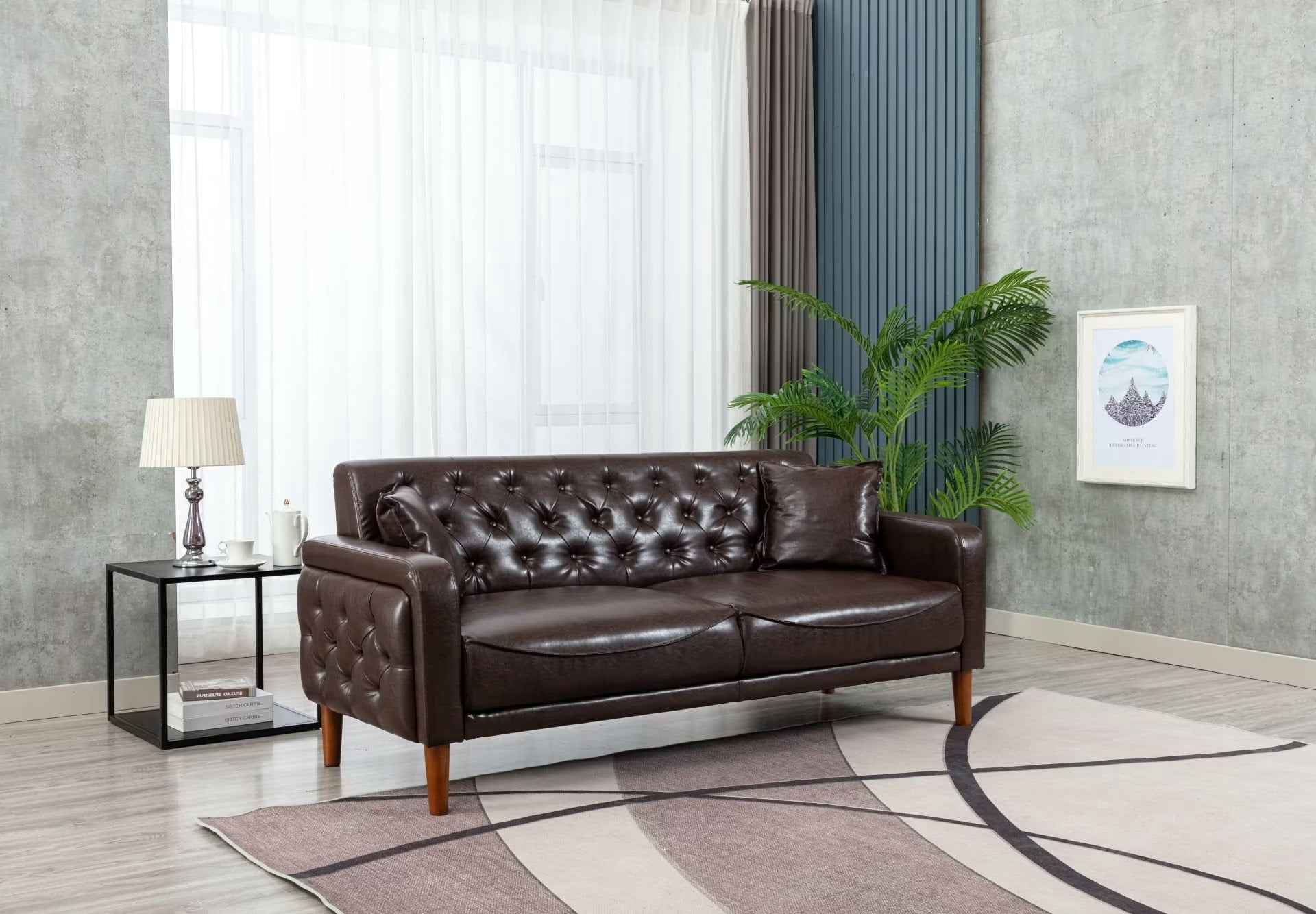 78inch PU Leather Sofa, Mid-Century Modern Button Tufted Couch with 2 ...