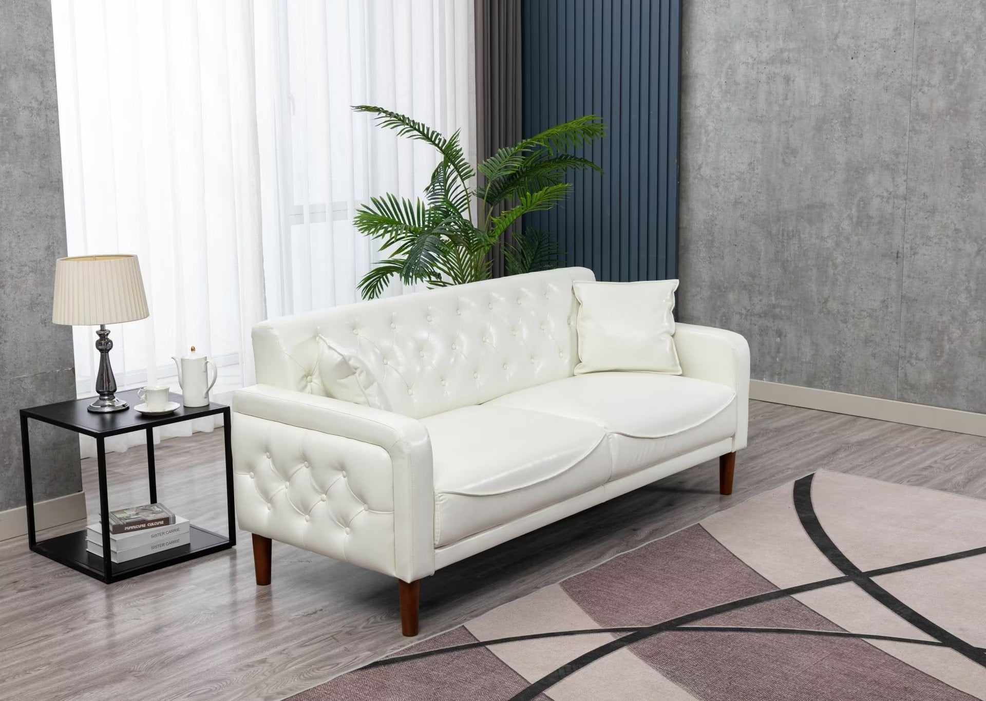 78inch PU Leather Sofa, Mid-Century Modern Button Tufted Couch with 2 Pillows and Armrest, 3 ...