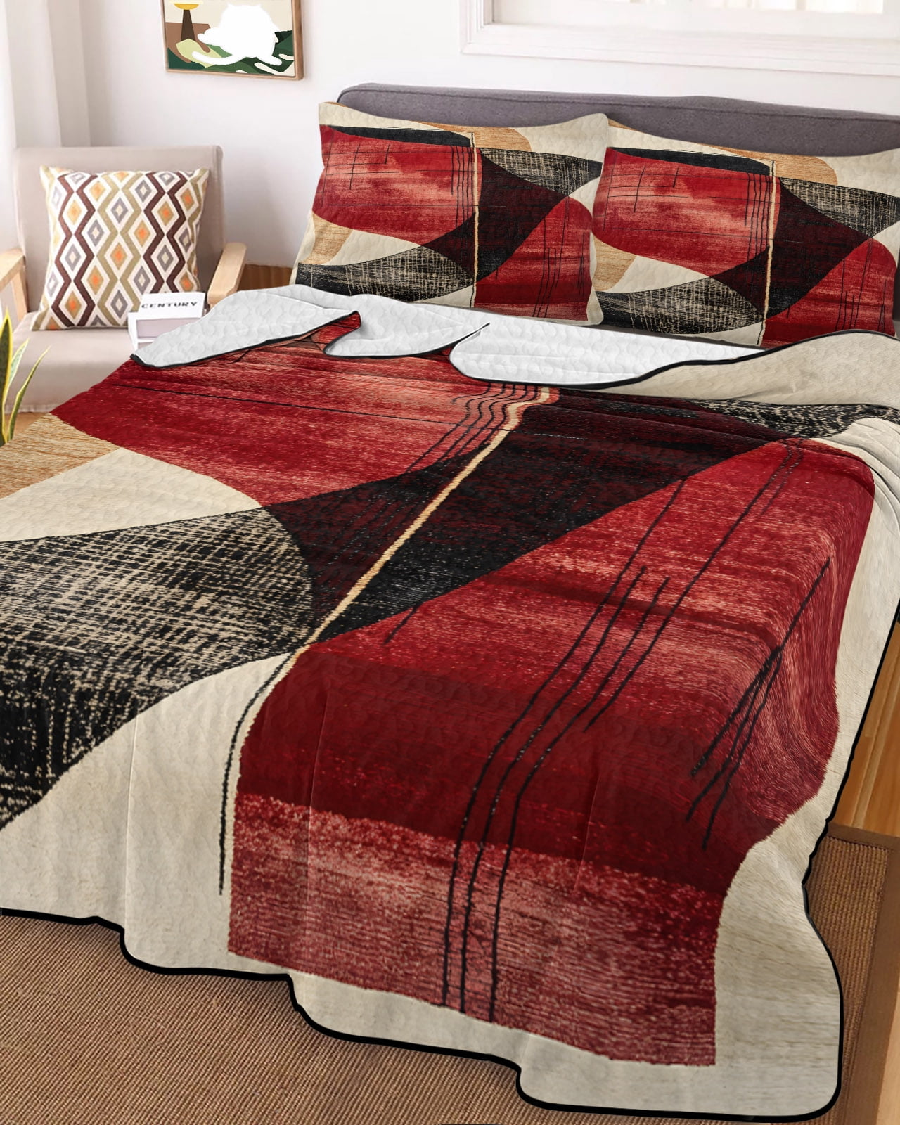 78x90in Quilt Bedding Set, Abstract Black Red Geometric Art Lightweight ...