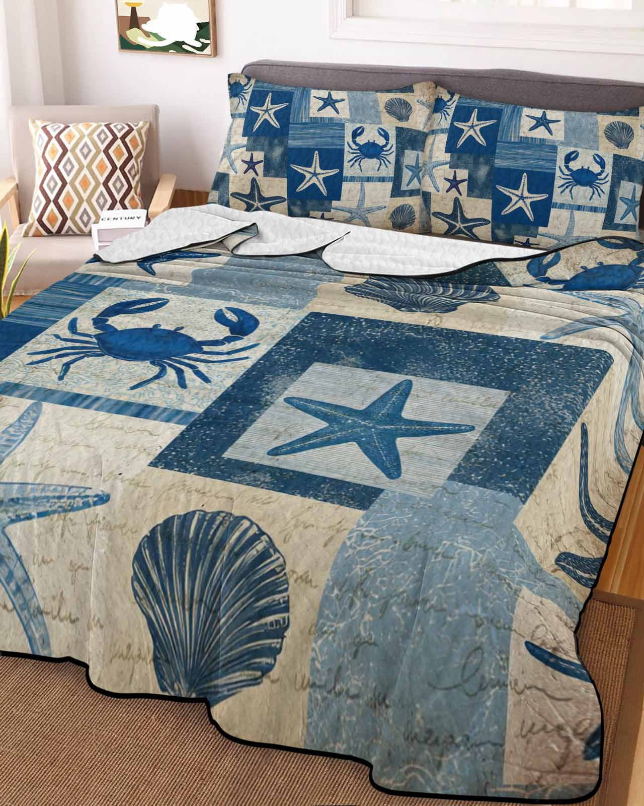78x90in Quilt Bedding Set, Abstract Blue Starfish Crab Lightweight ...