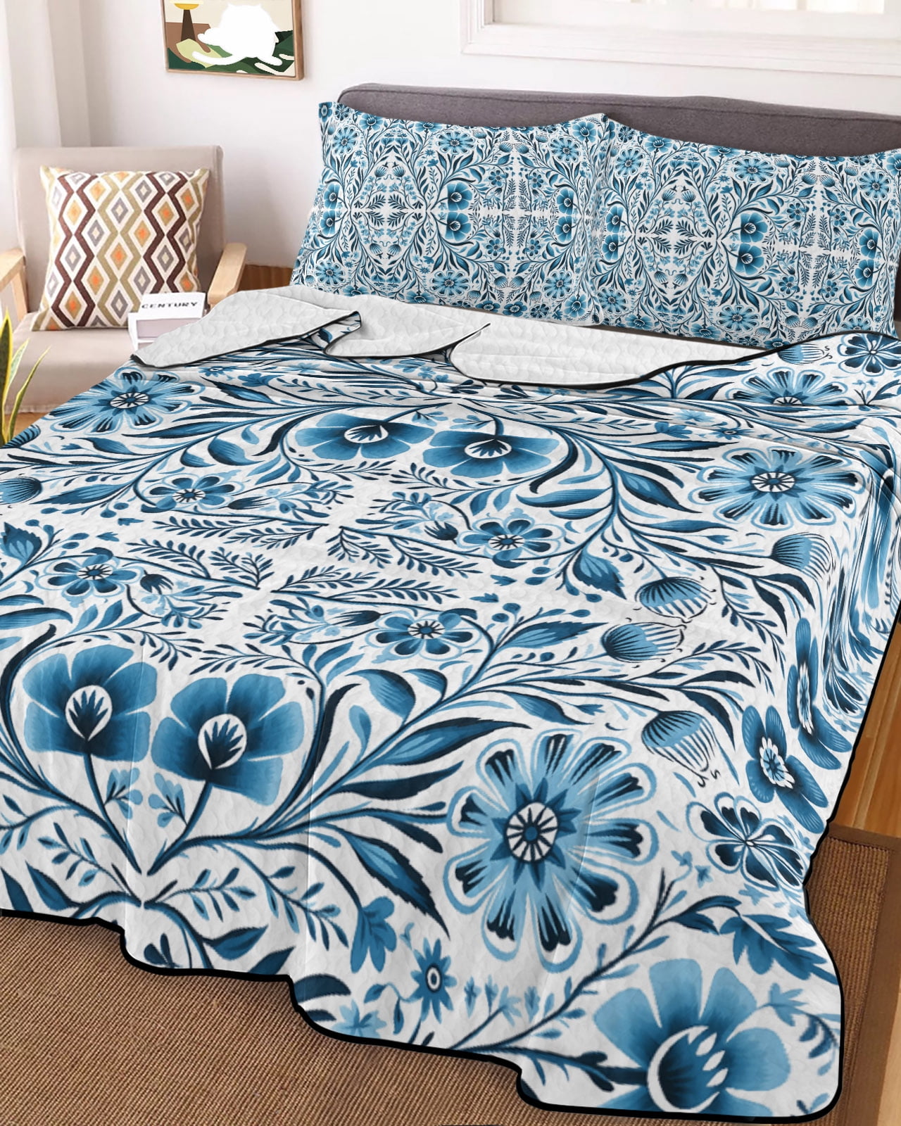 78x90in Quilt Bedding Set, Abstract Ethnic Floral Artwork Lightweight ...