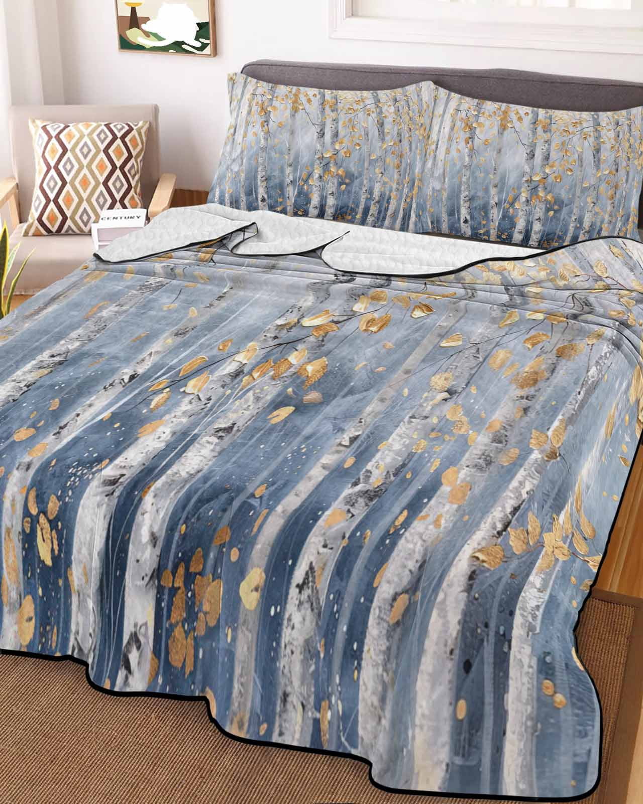 78x90in Quilt Bedding Set, Abstract Forest Birch Tree Gold Leaves ...