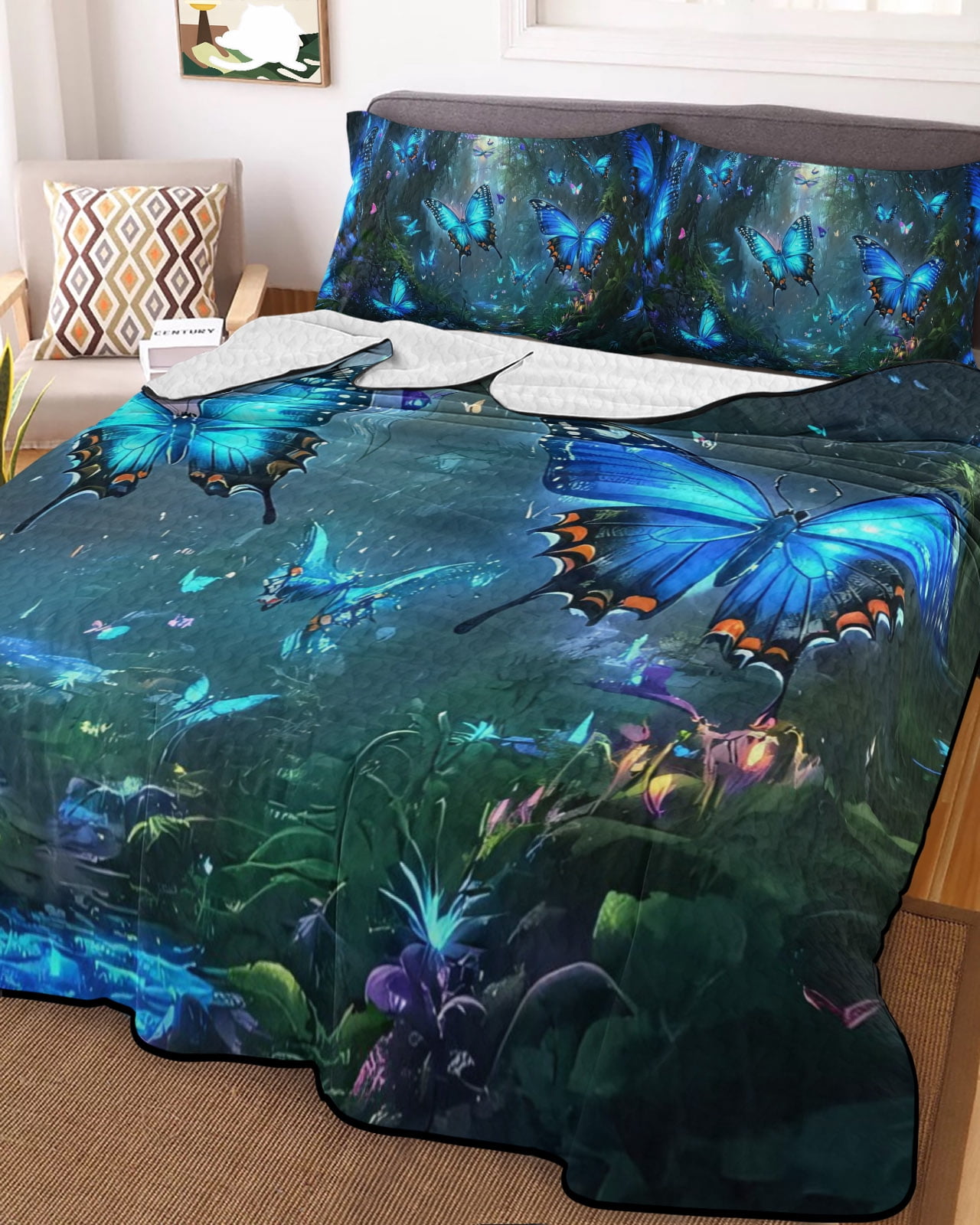 78x90in Quilt Bedding Set, Abstract Forest Butterfly Lightweight ...