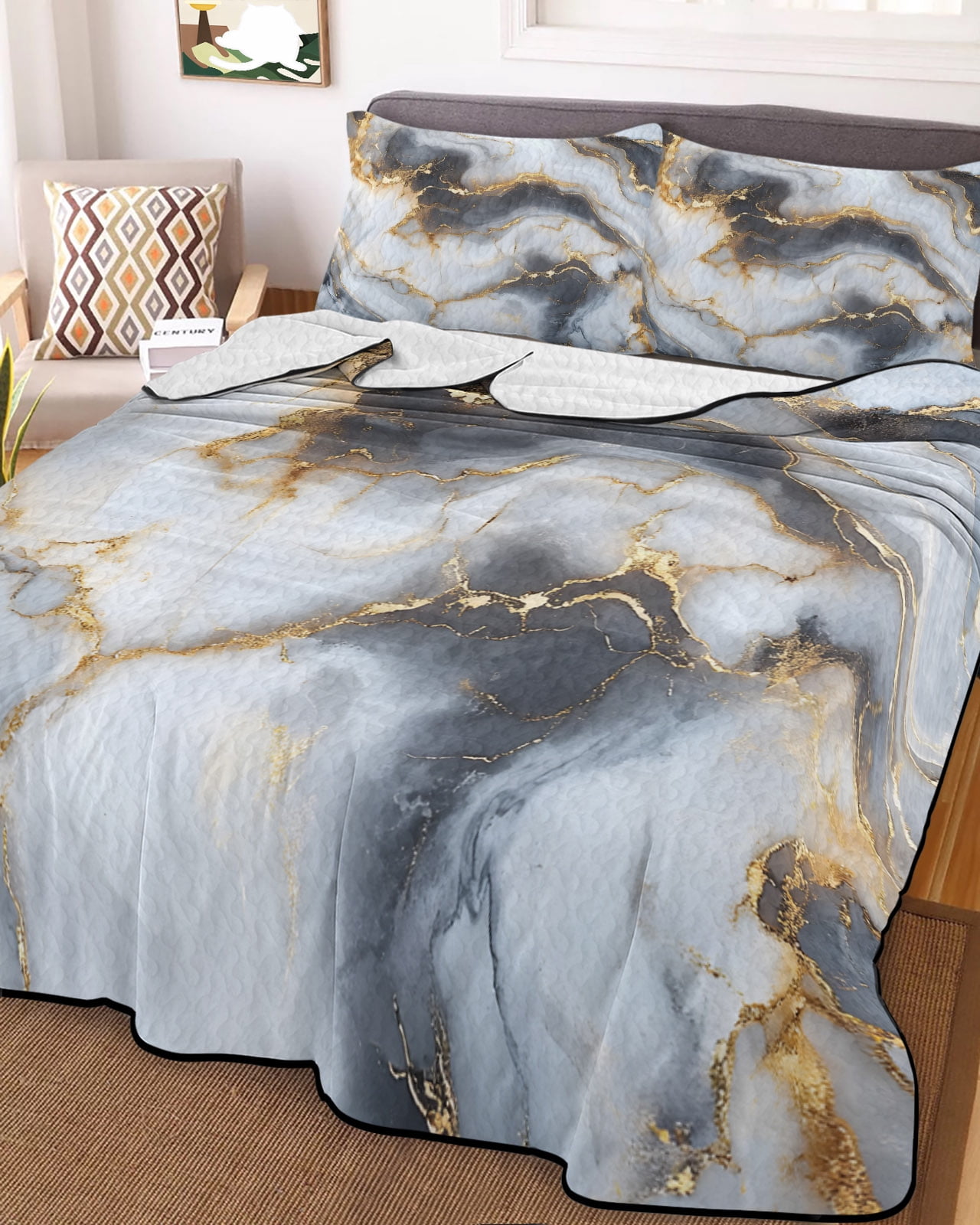 78x90in Quilt Bedding Set, Abstract Natural Marble Texture Lightweight ...