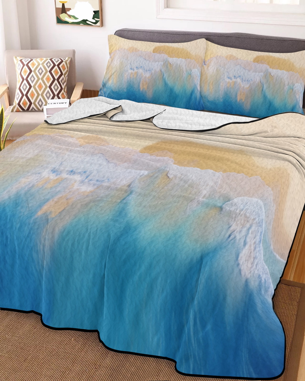 78x90in Quilt Bedding Set, Abstract Ocean Beach Wave Blue Sea ...