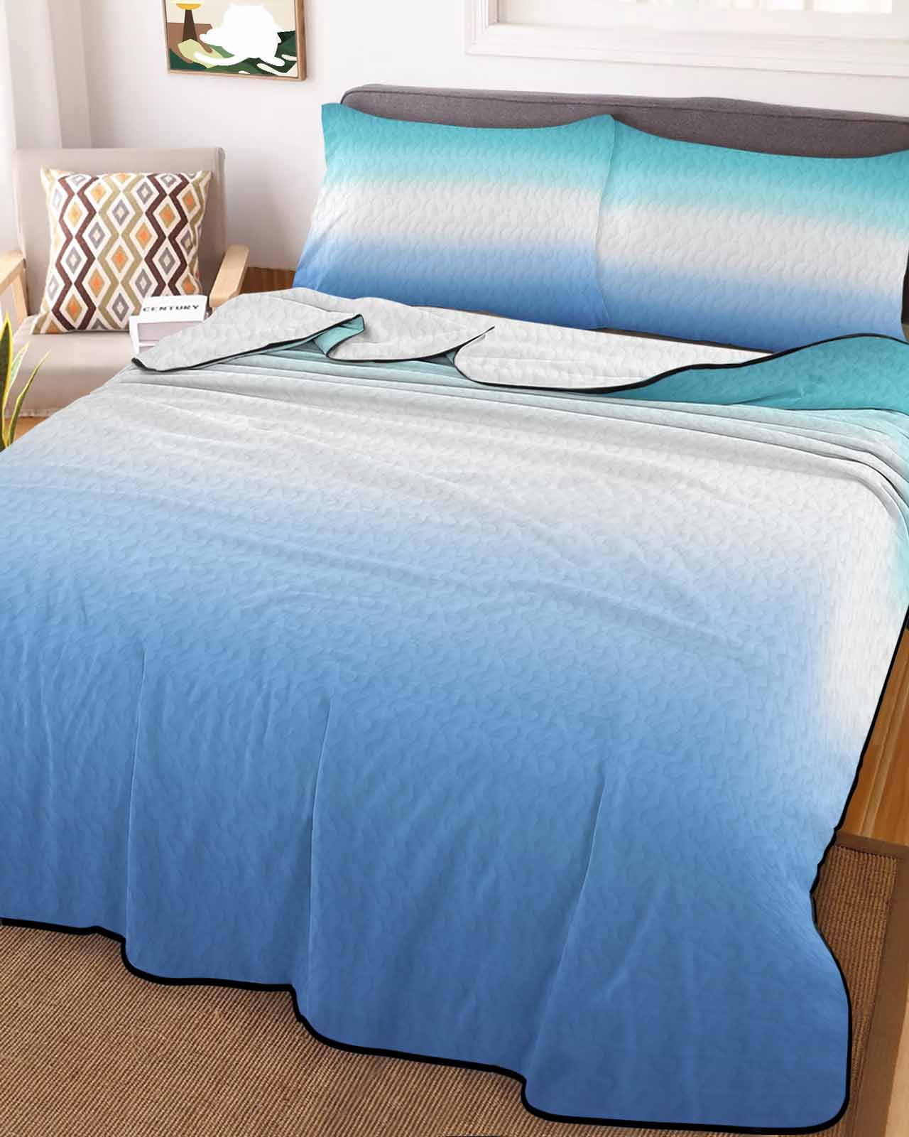78x90in Quilt Bedding Set, Abstract Teal Blue Graident Lightweight ...