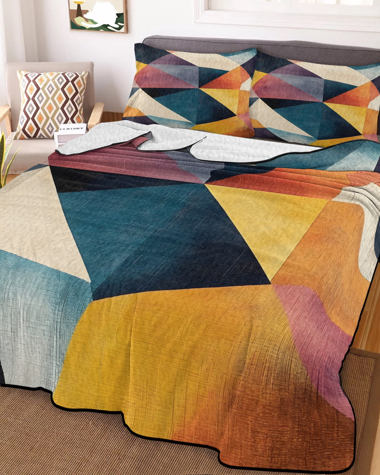 78x90in Quilt Bedding Set, Abstract Watercolor Geometric Lightweight ...