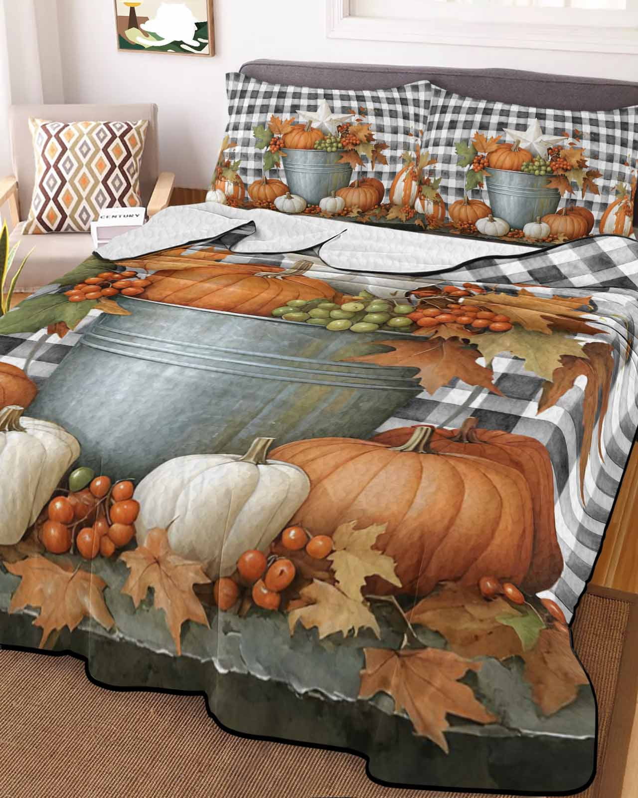 78x90in Quilt Bedding Set, Autumn Farmhouse Pumpkin Leaf Berry ...