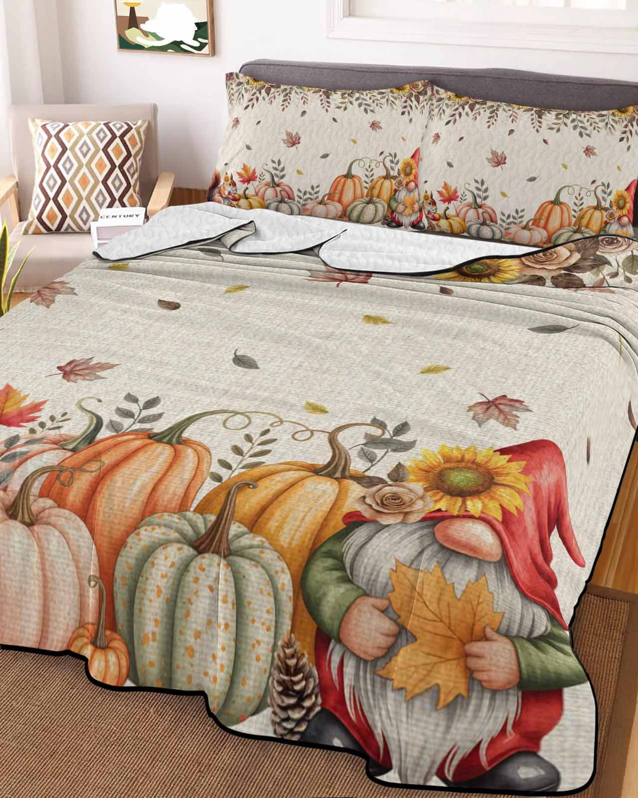 78x90in Quilt Bedding Set, Autumn Gnome Squirrel Pumpkin Lightweight ...