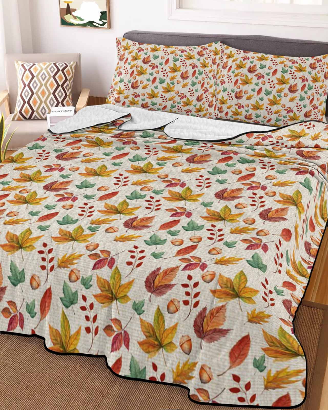 78x90in Quilt Bedding Set, Autumn Orange Maple Leaf Seamless ...
