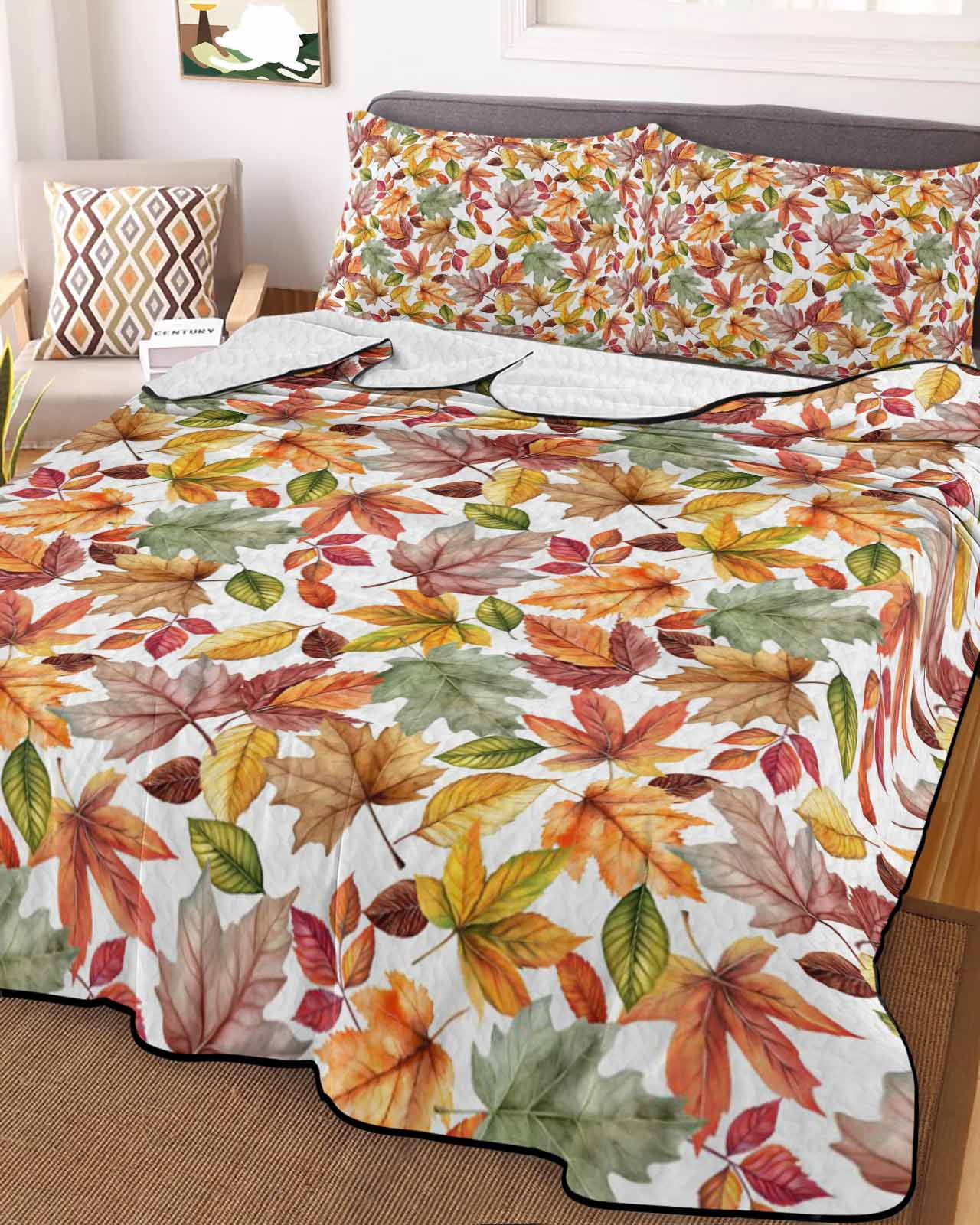 78x90in Quilt Bedding Set, Autumn Watercolor Maple Leaf Lightweight ...
