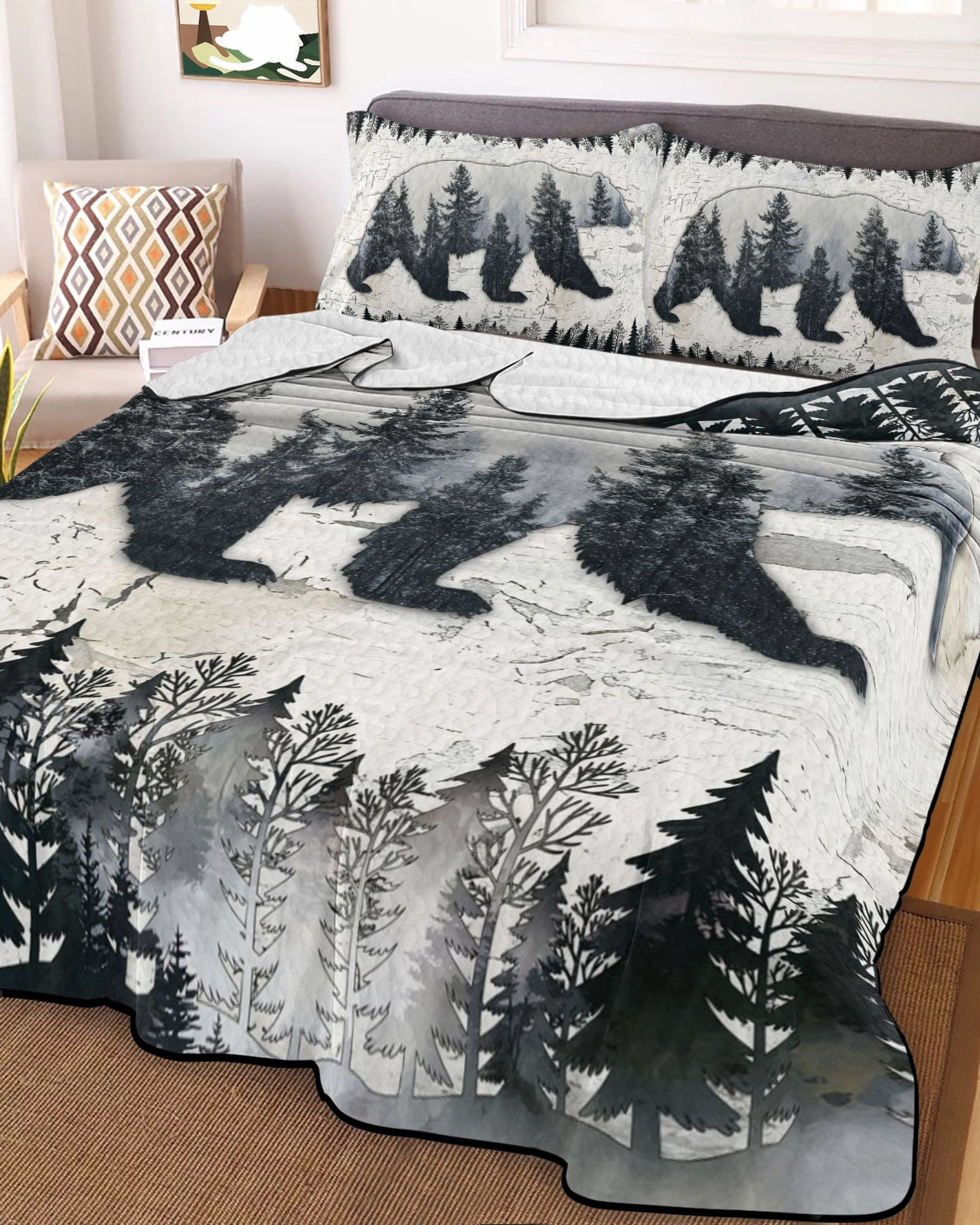 78x90in Quilt Bedding Set, Bear Vintage Forest Pine Tree Lightweight ...