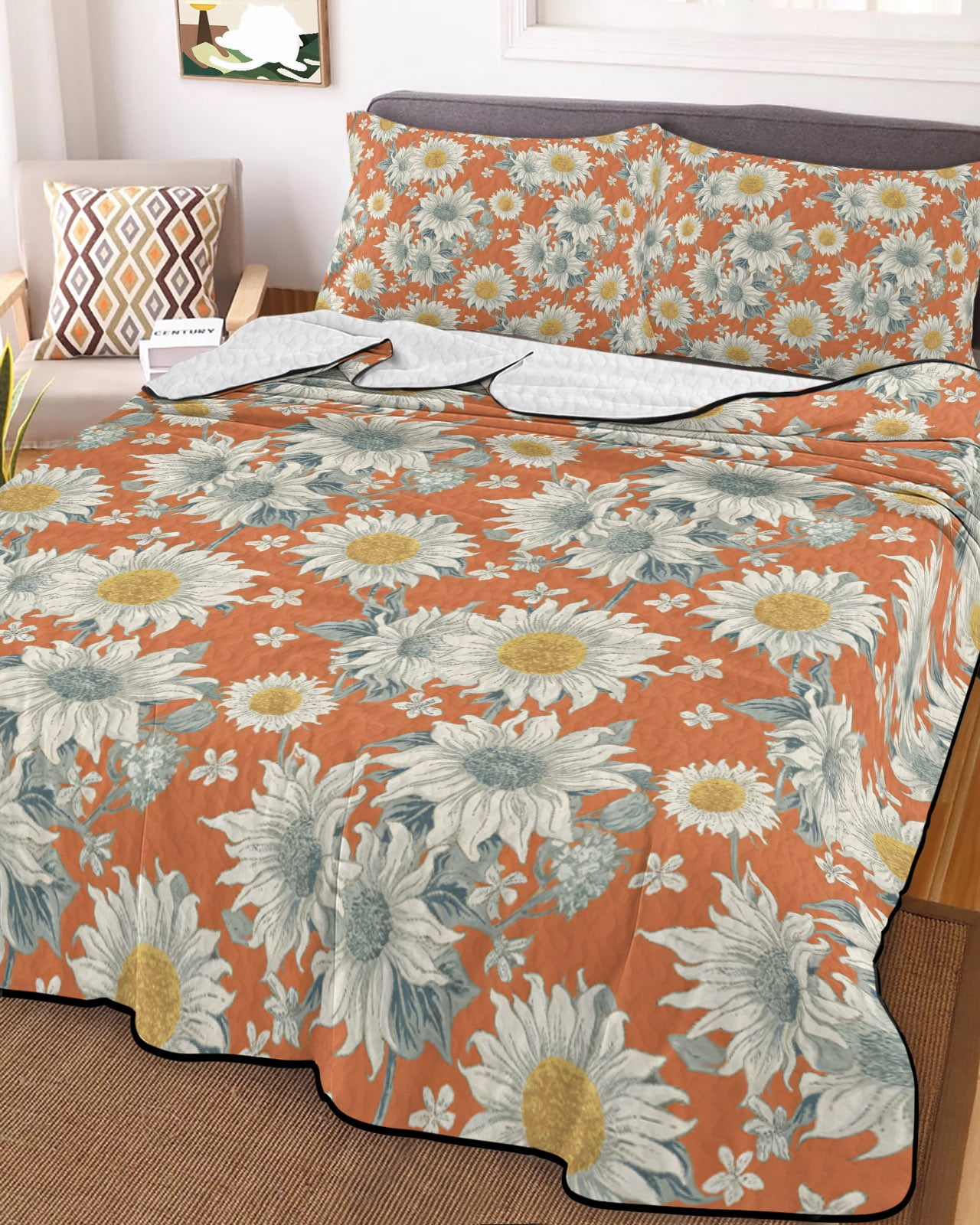 78x90in Quilt Bedding Set, Blossom Sunflower Abstract Floral ...