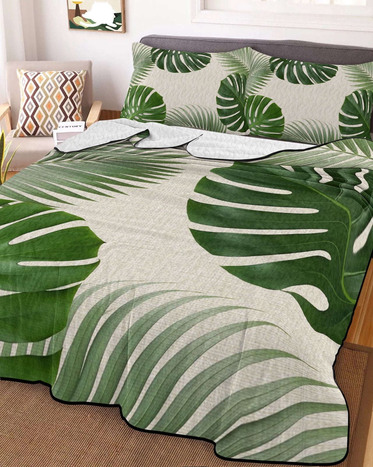 78x90in Quilt Bedding Set, Botanical Palm Monstera Leaves Lightweight ...