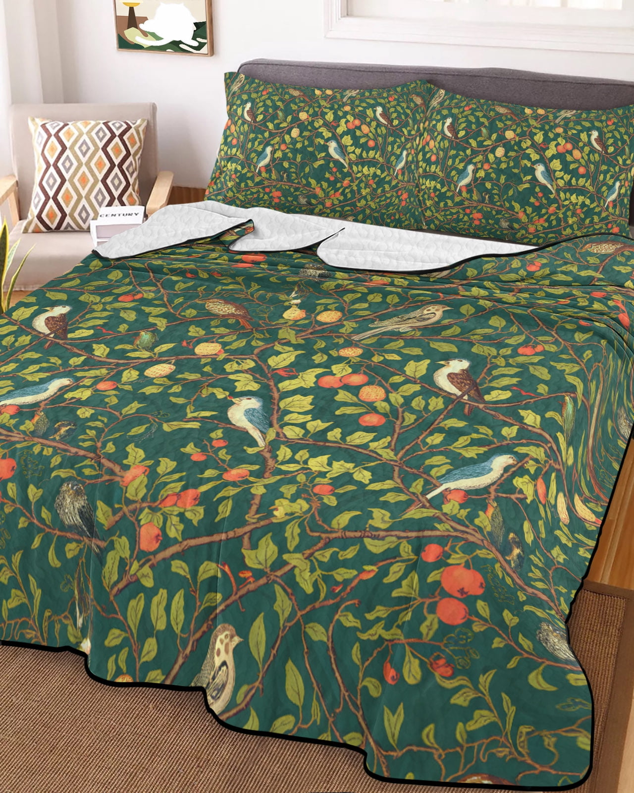 78x90in Quilt Bedding Set, Country Bird Tree Branch Lightweight ...