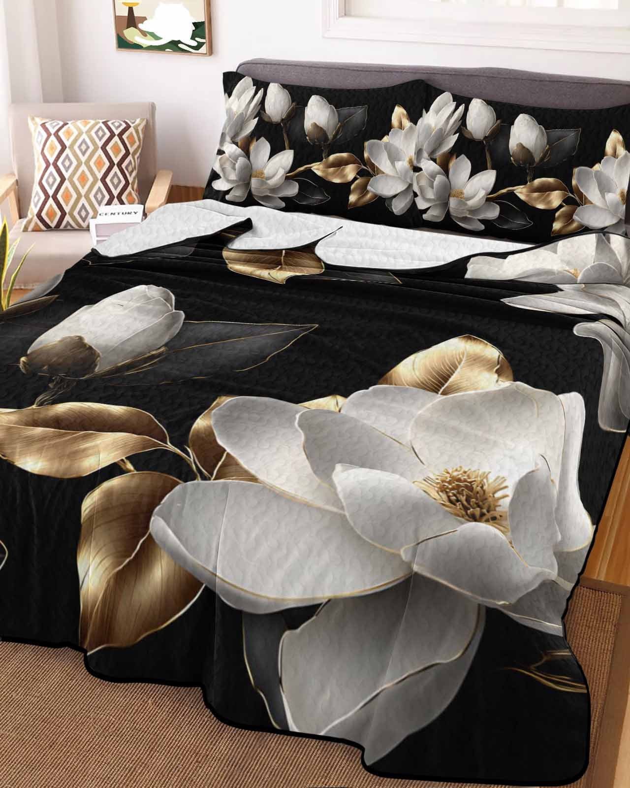 78x90in Quilt Bedding Set, Elegant White Magnolias Floral Lightweight ...