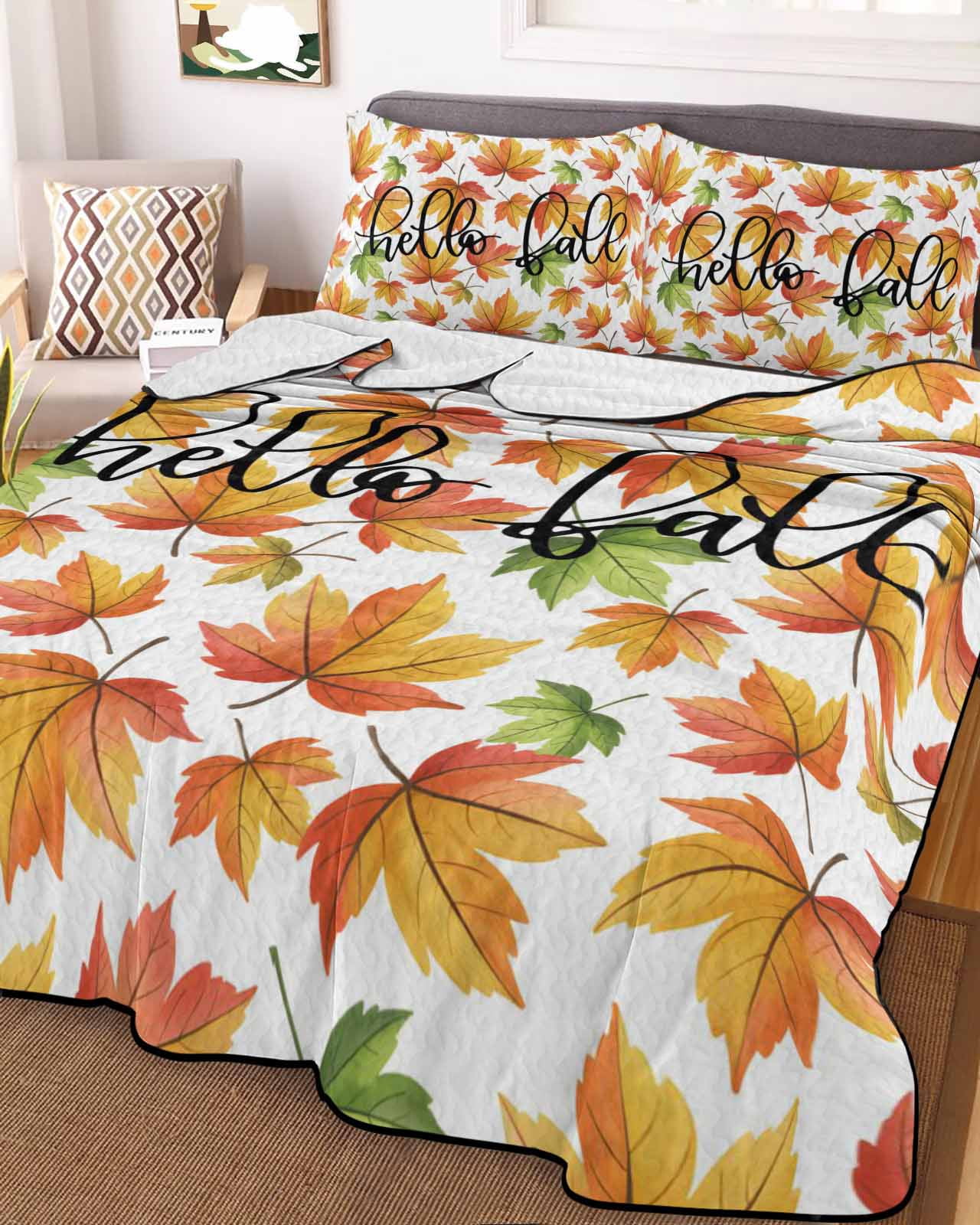 78x90in Quilt Bedding Set, Fall Maple Leaf Orange Gradient Lightweight ...