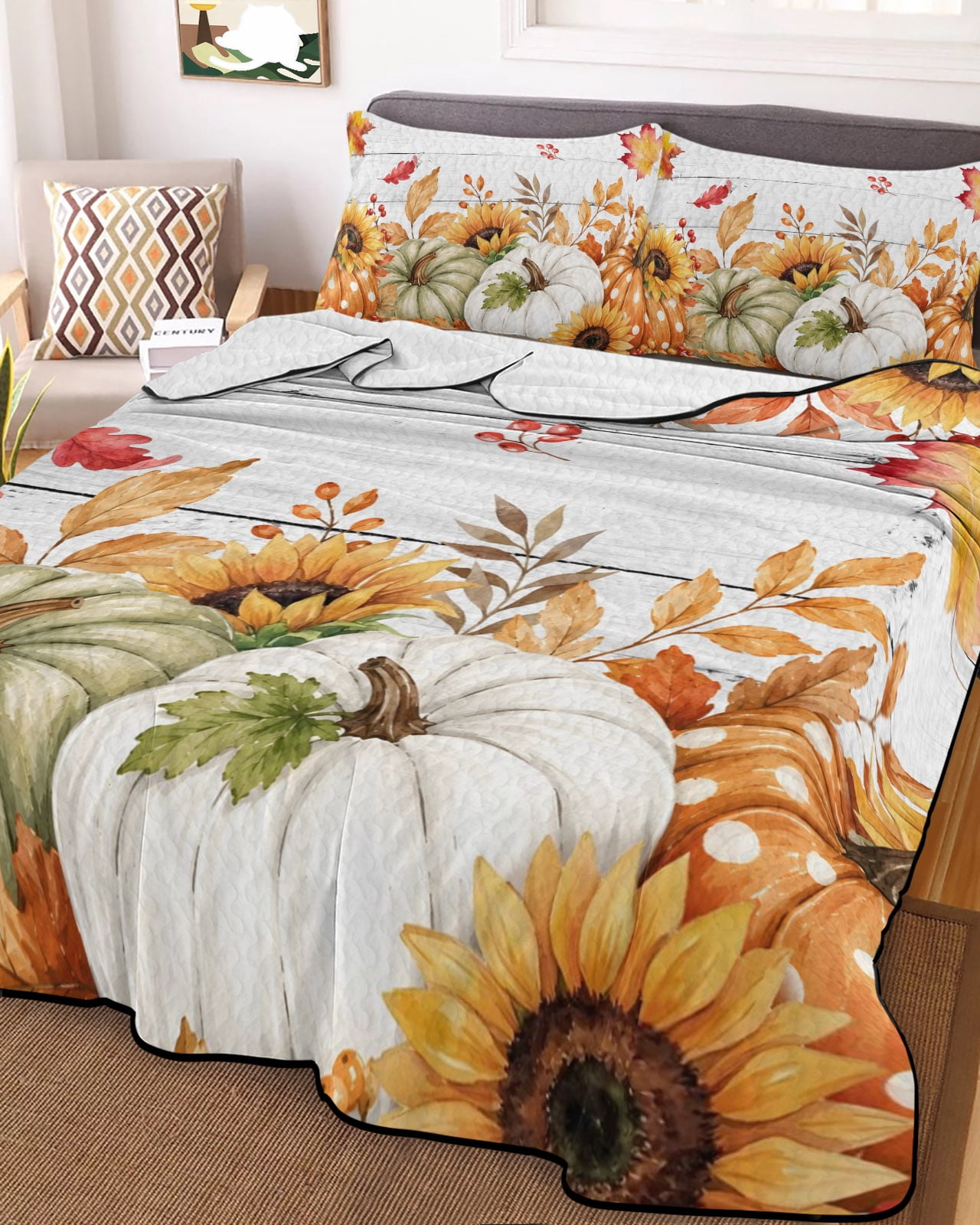 78x90in Quilt Bedding Set, Fall Maple Leaf Sunflower Wood Plank ...