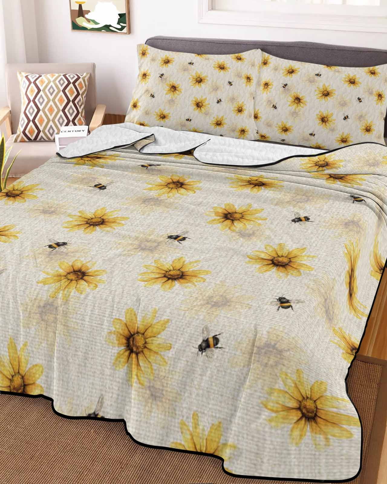 78x90in Quilt Bedding Set, Farmhouse Daisy Flower Bee Lightweight ...