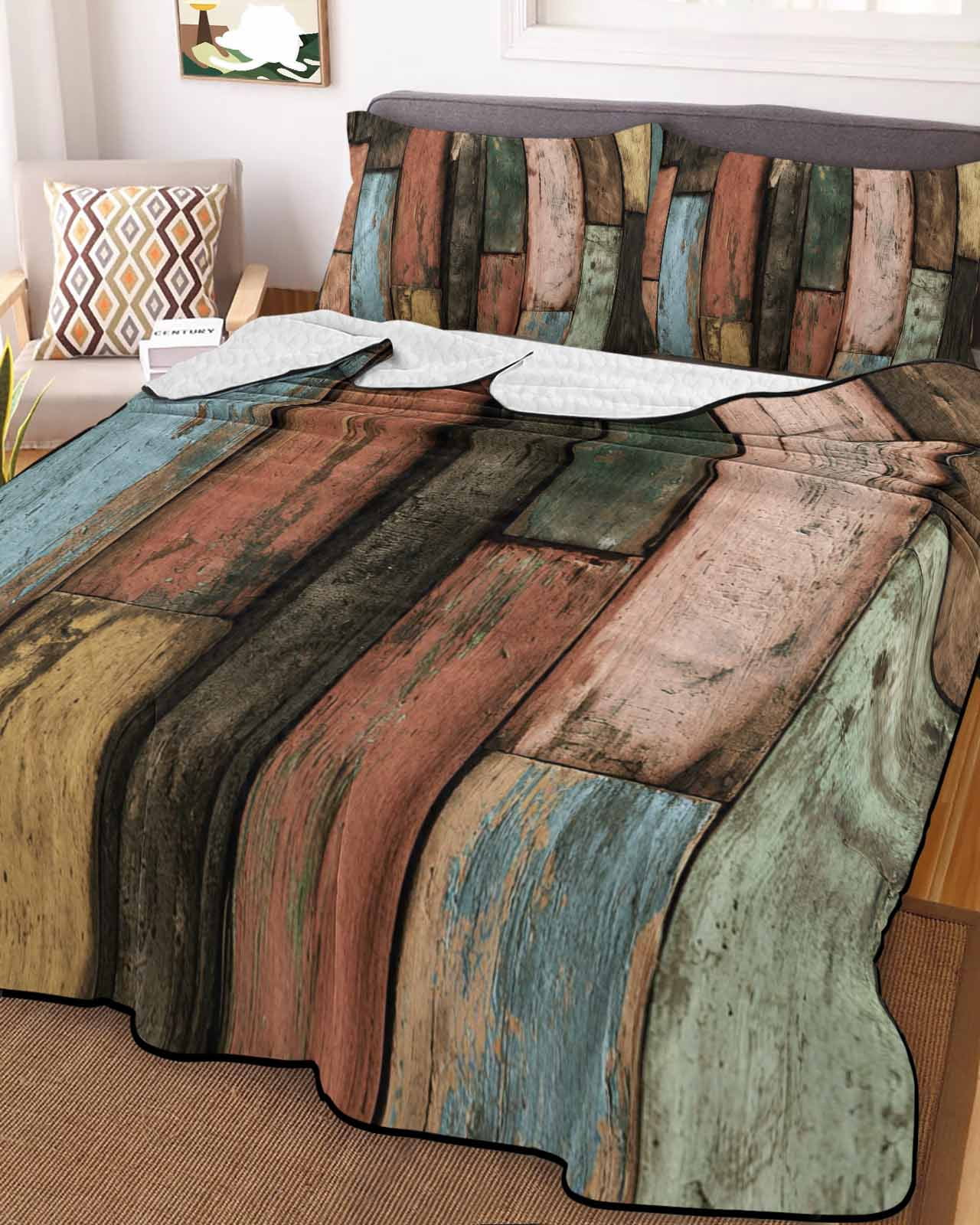 78x90in Quilt Bedding Set, Farmhouse Rustic Wooden Plank Barn ...
