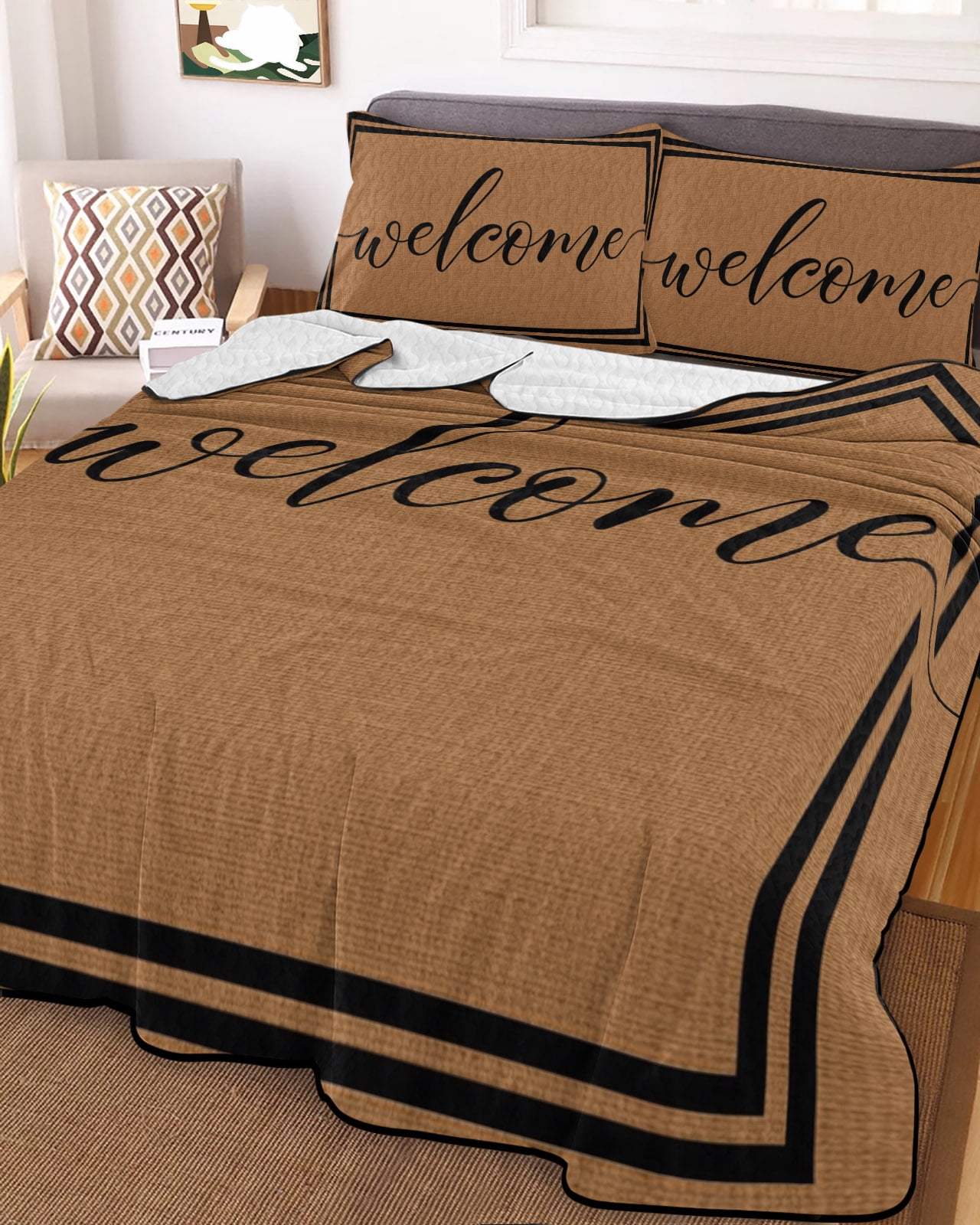 78x90in Quilt Bedding Set, Farmhouse Welcome Text Black Line ...