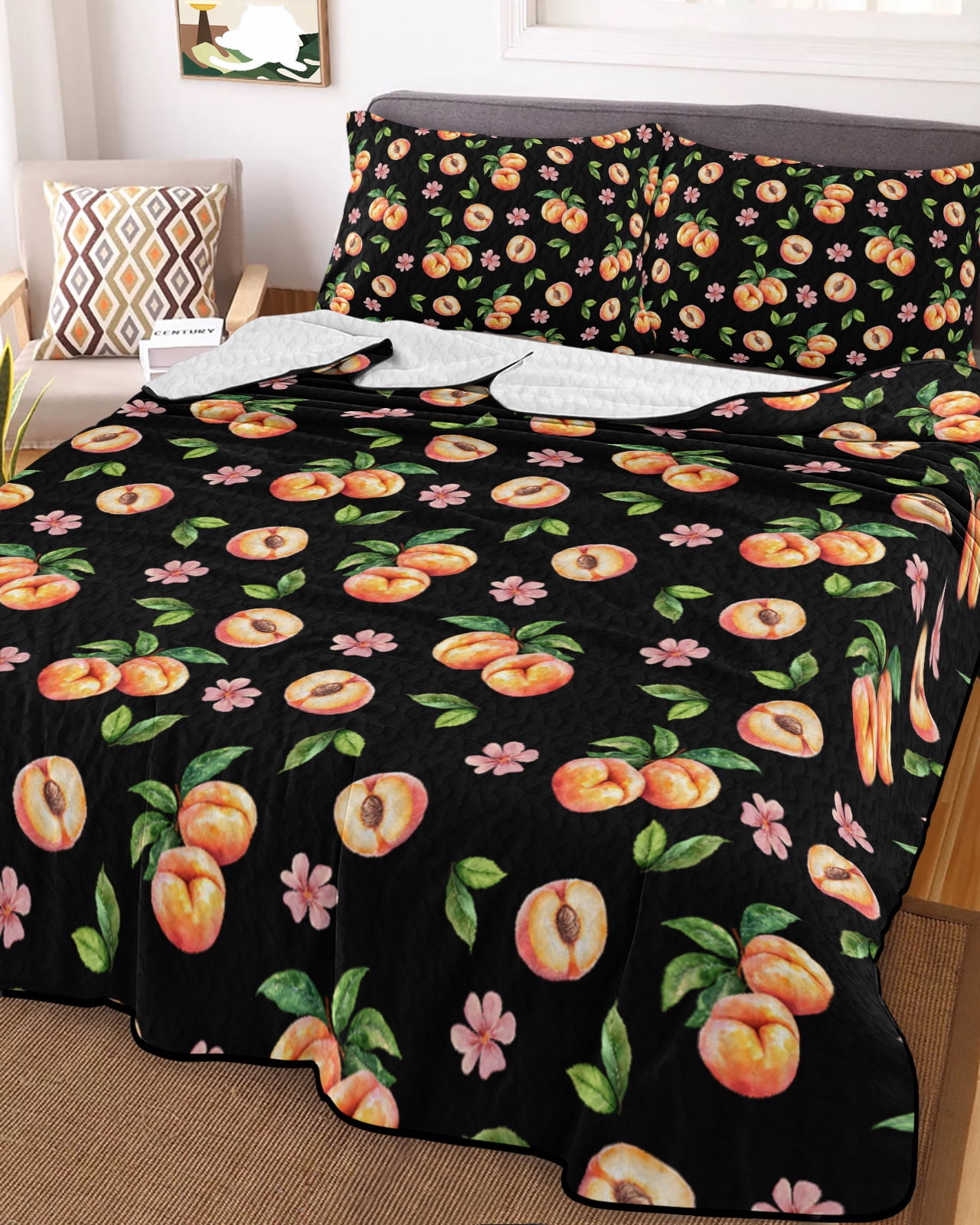78x90in Quilt Bedding Set, Fruits on Black Background Lightweight ...