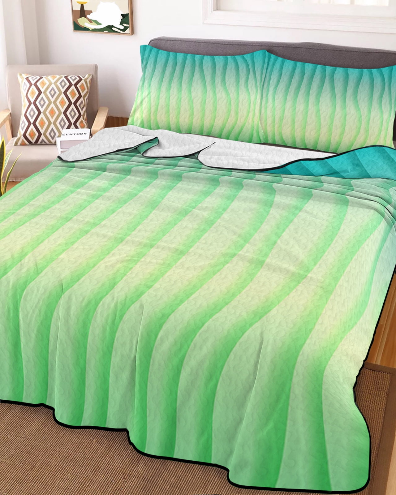 78x90in Quilt Bedding Set, Geometric Art Wave Vertical Line Lightweight ...