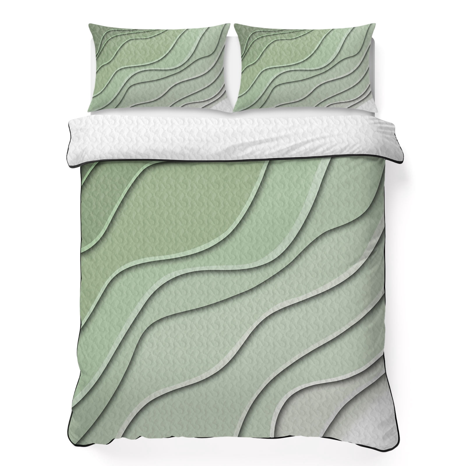 Full Quilt Bedding Set Gradient Sage Green Ocean Wave Line Breathable ...