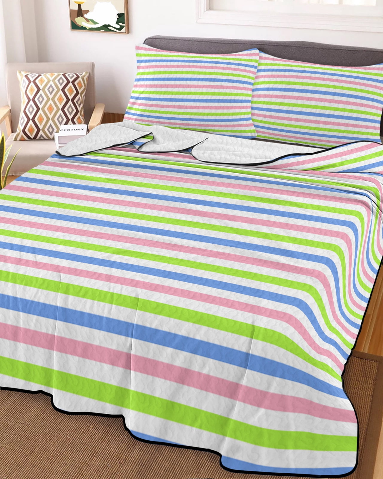 78x90in Quilt Bedding Set, Green Blue Pink Stripe Lightweight Coverlet ...