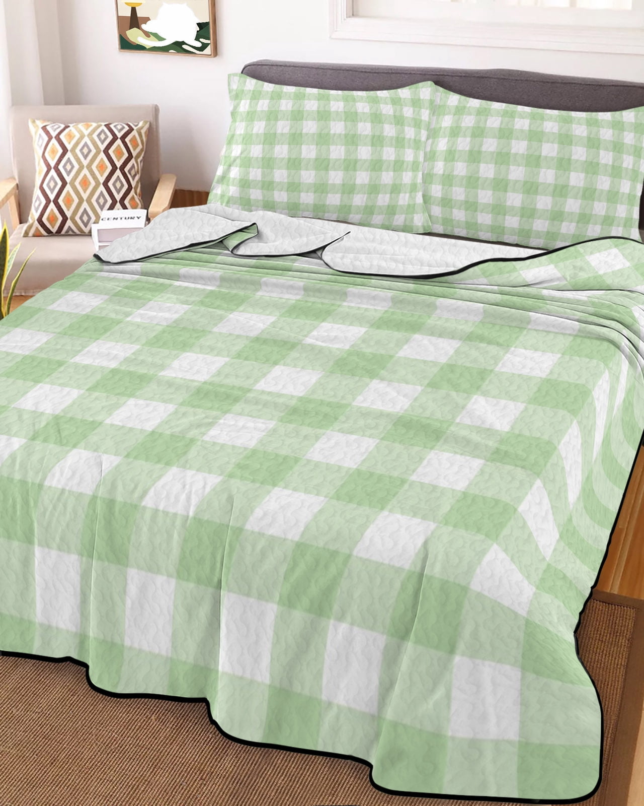 78x90in Quilt Bedding Set, Green Stripes Buffalo Checker Lightweight ...