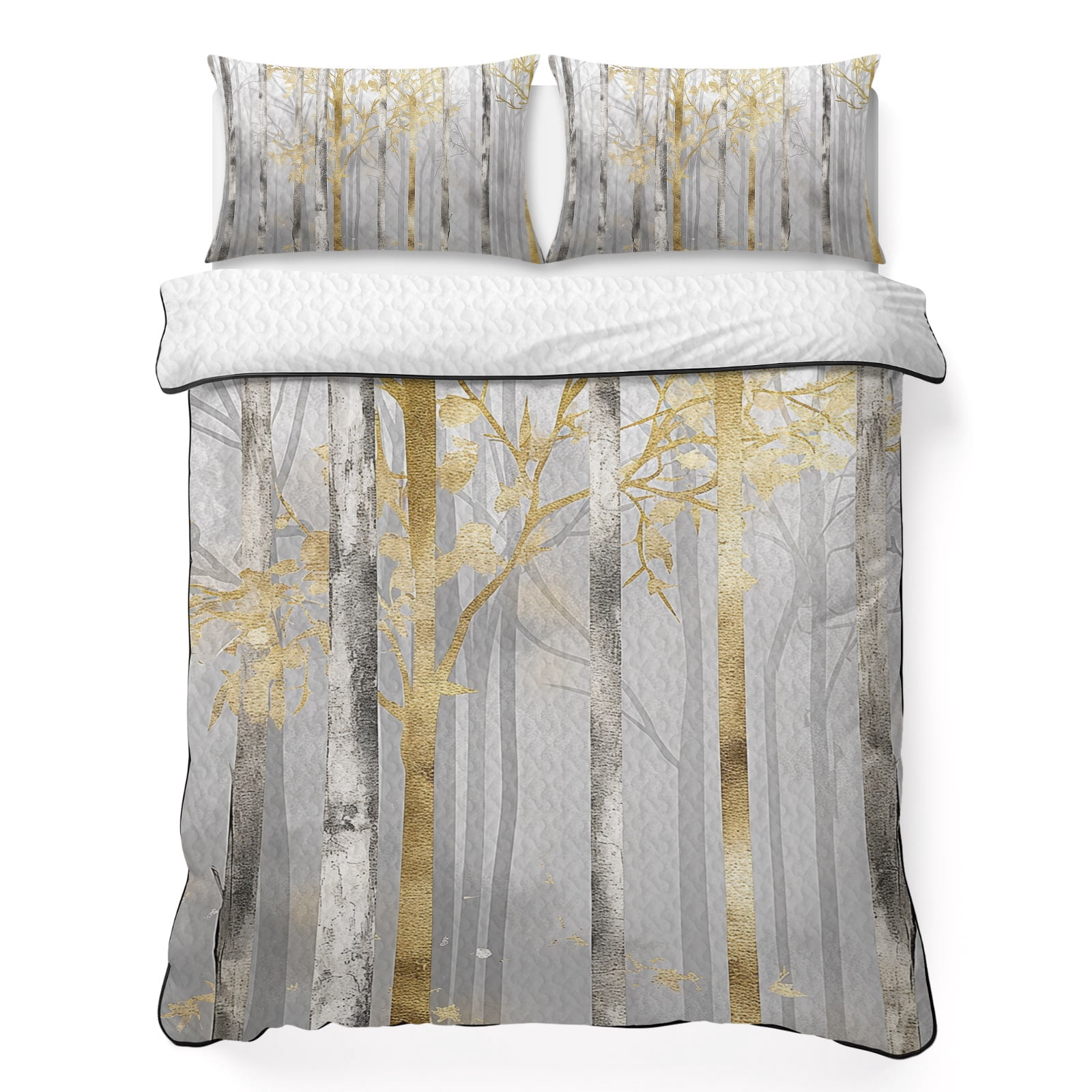 Full Quilt Bedding Set Grey Golden Forest Tree Branches Breathable ...