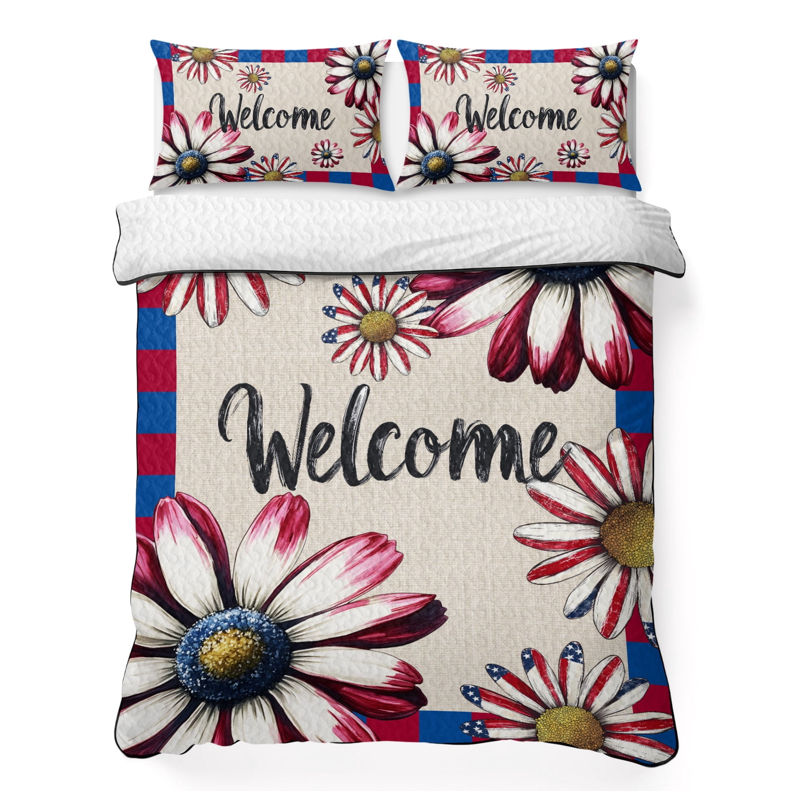 Full Quilt Bedding Set Independence Day Flower Daisy Welcome Quote ...