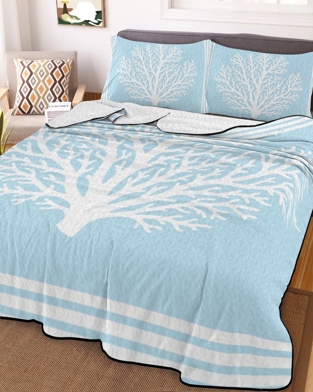 78x90in Quilt Bedding Set, Light Blue Marine White Coral Lightweight ...