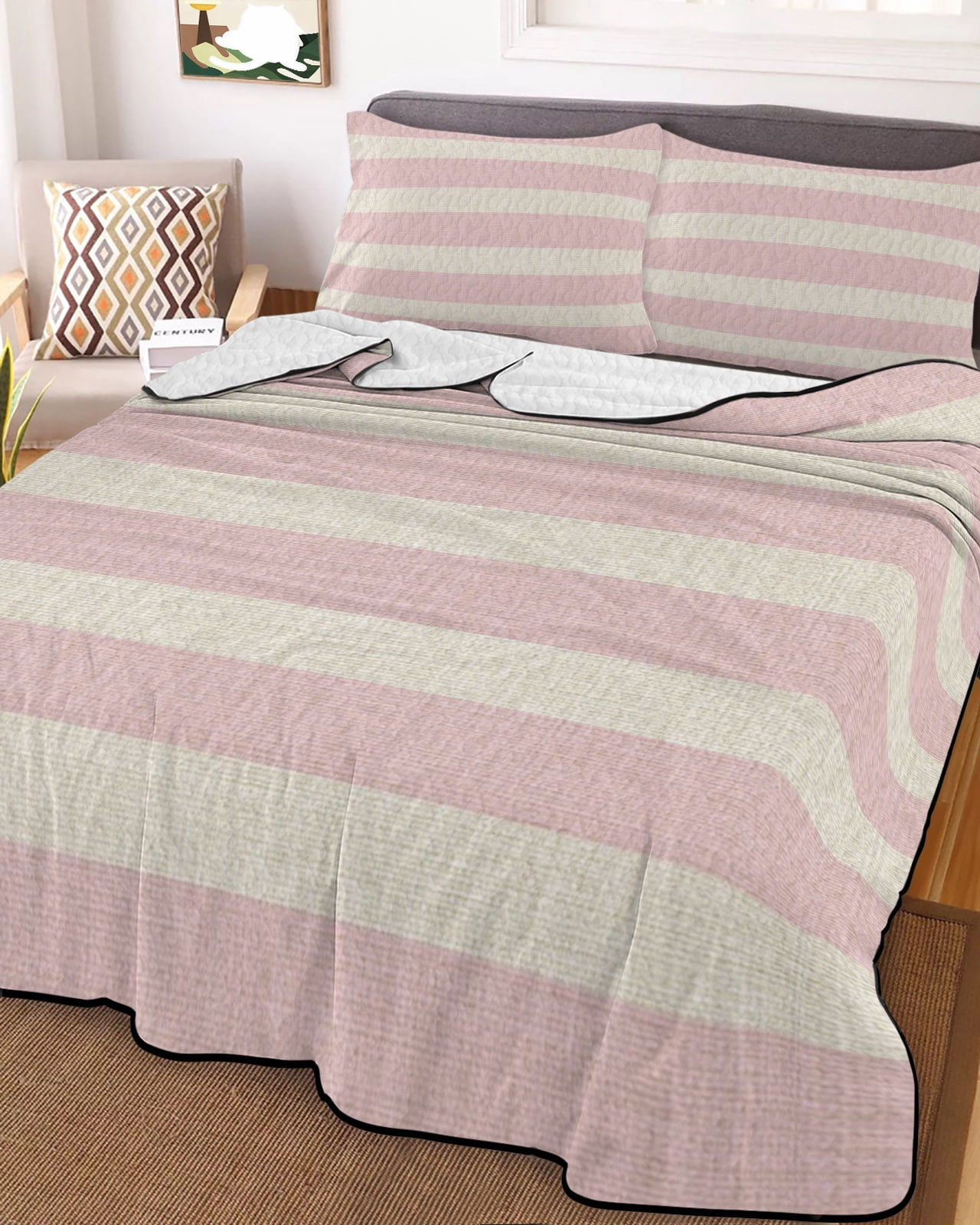 78x90in Quilt Bedding Set, Minimalist Ombre Pink Stripes Lightweight ...