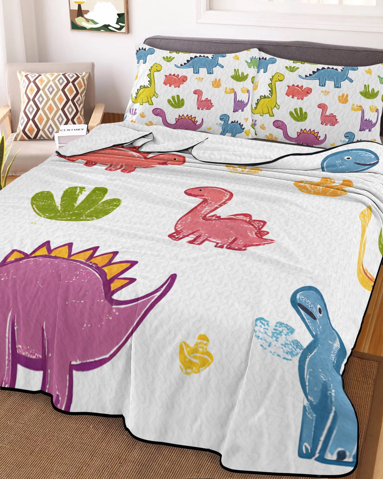 78x90in Quilt Bedding Set, Modern Abstract Colorful Dinosaur ...
