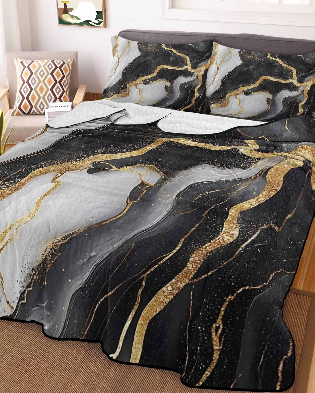 78x90in Quilt Bedding Set, Natural Black White Marble Gold Crack ...