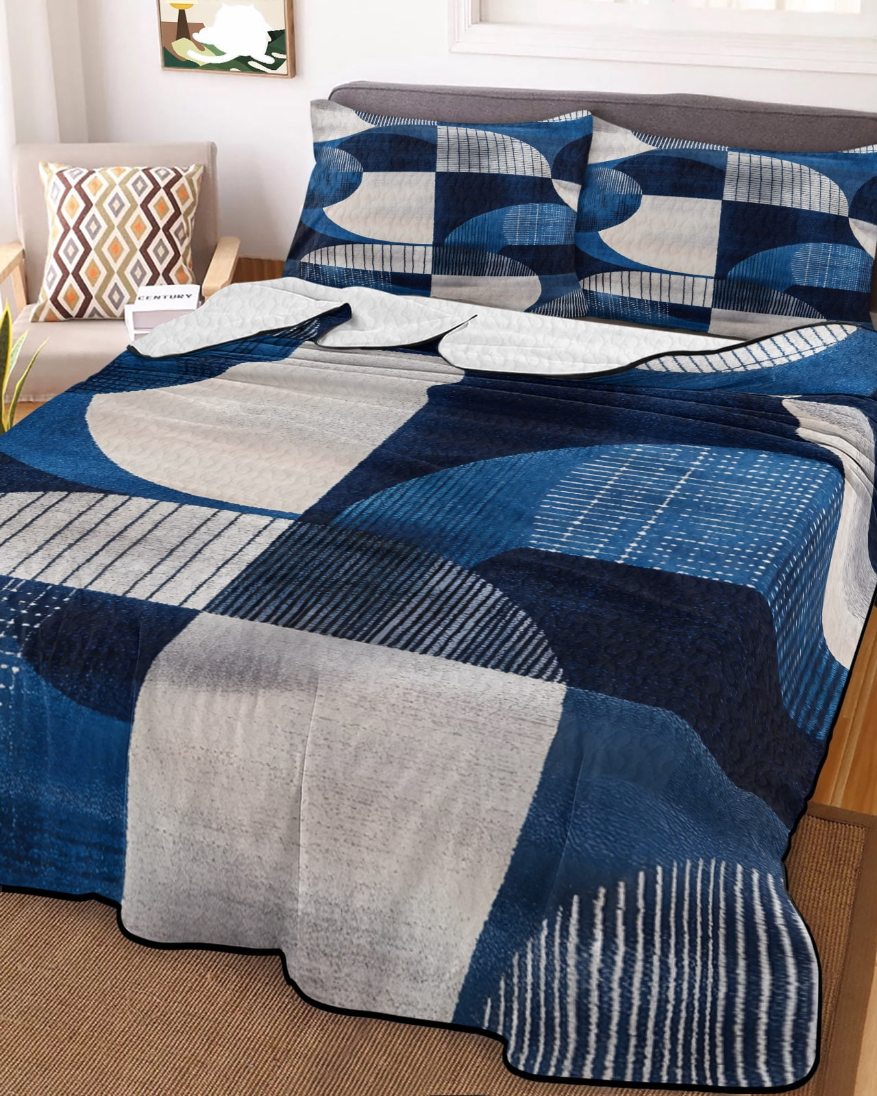 78x90in Quilt Bedding Set, Navy Blue Color Blocks Lightweight Coverlet ...