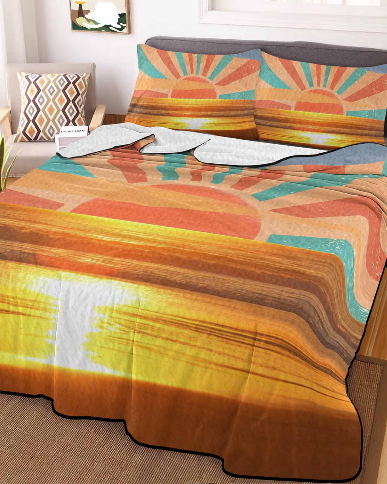 78x90in Quilt Bedding Set, Ocean Beach Sunset Teal Orange Stripes ...