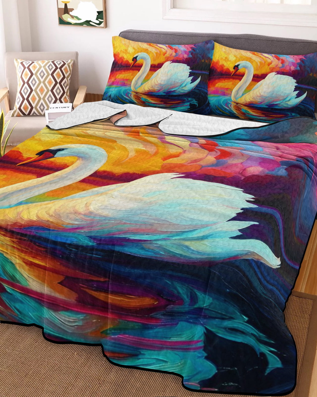 78x90in Quilt Bedding Set, Oil Style Animals Swan Lightweight Coverlet ...